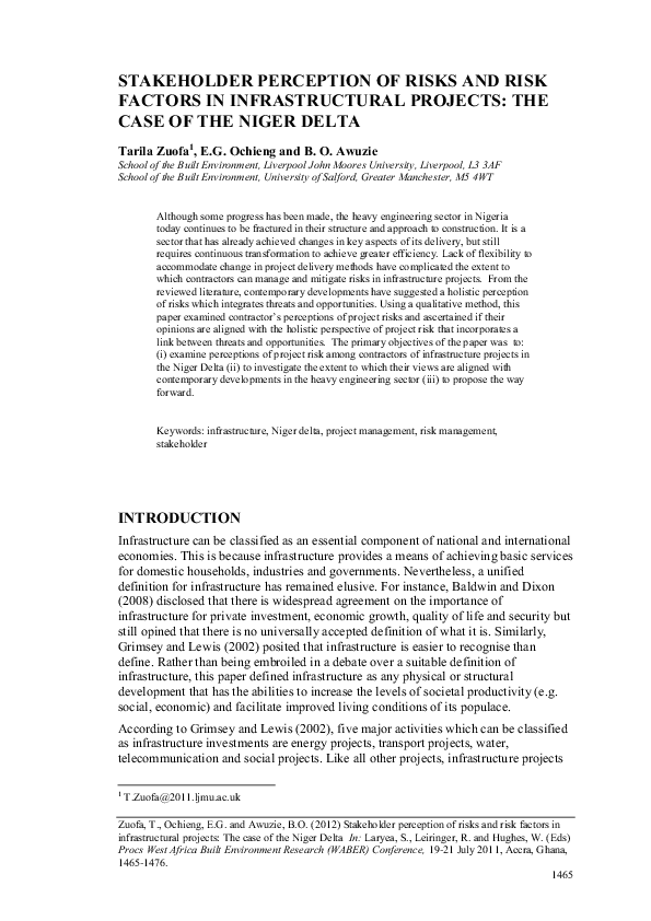 Pdf Stakeholder Perception Of Risks And Risk Factors In Infrastructural Projects The Case Of