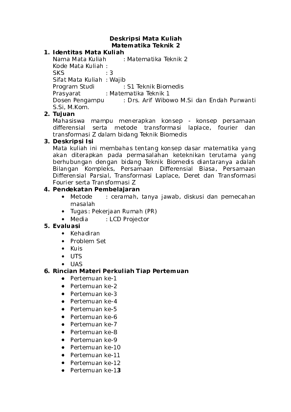 (DOC) Matematika Teknik 2 Deskripsi Mata Kuliah