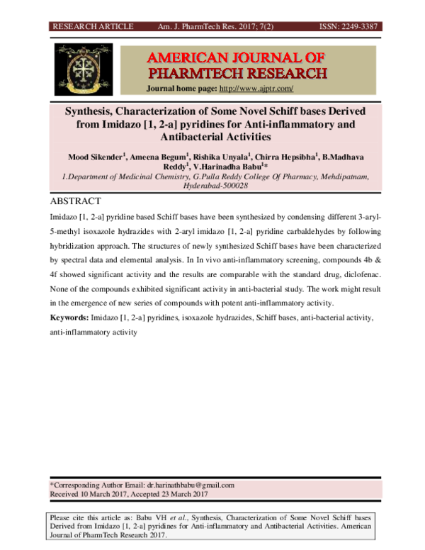 (PDF) Synthesis, Characterization of Some Novel Schiff bases Derived from Imidazo [1, 2-a ...
