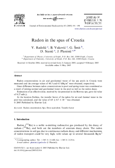 (PDF) Radon in the spas of Croatia