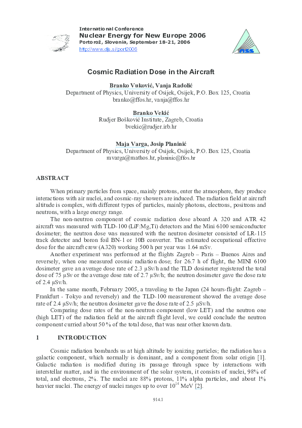 (PDF) Cosmic Radiation Dose in the Aircraft | Branko Vukovic and Branko ...