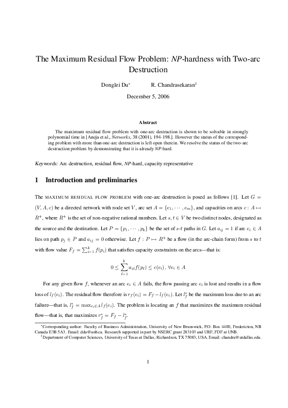 (PDF) The maximum residual flow problem: NP‐hardness with two‐arc destruction