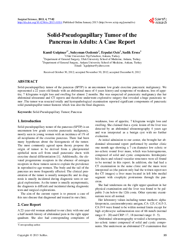 (PDF) Solid-Pseudopapillary Tumor of the Pancreas in Adults: A Case Report