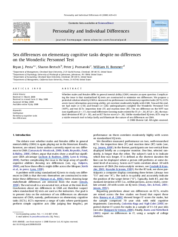 Pdf Sex Differences On Elementary Cognitive Tasks Despite No