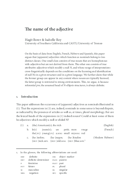 (PDF) The name of the adjective Hagit Borer and Isabelle Roy