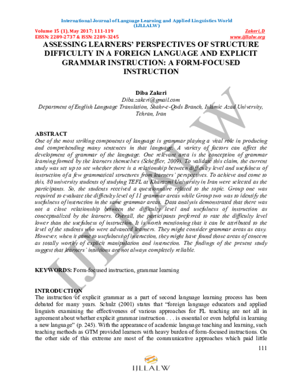 (PDF) ASSESSING LEARNERS' PERSPECTIVES OF STRUCTURE DIFFICULTY IN A FOREIGN LANGUAGE AND ...