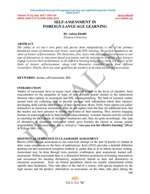 (PDF) SELF-ASSESSMENT IN FOREIGN LANGUAGE LEARNING