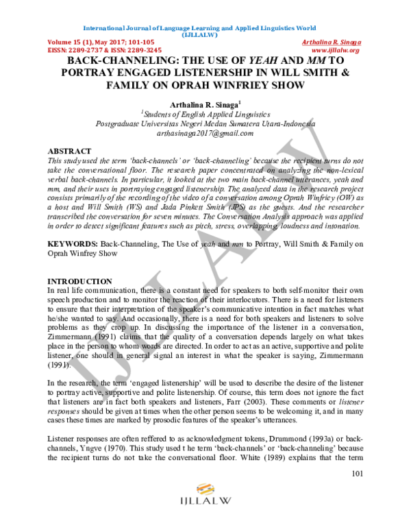 (PDF) BACK-CHANNELING: THE USE OF YEAH AND MM TO PORTRAY ENGAGED ...