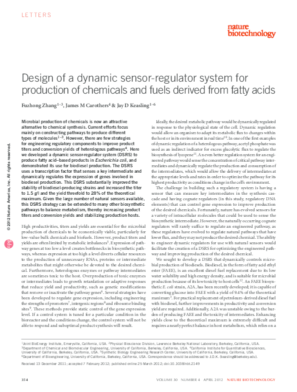 (PDF) Design of a dynamic sensor-regulator system for production of ...