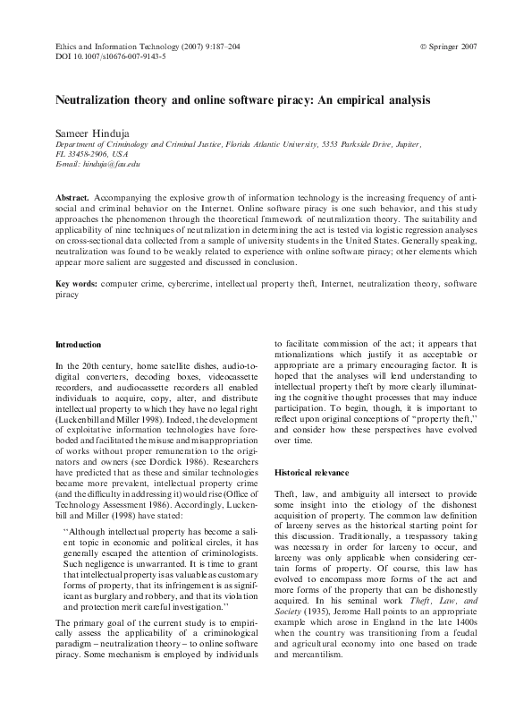 (PDF) Neutralization theory and online software piracy: An empirical analysis