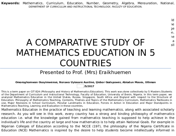(DOC) A COMPARATIVE STUDY OF MATHEMATICS EDUCATION IN 5 COUNTRIES ...