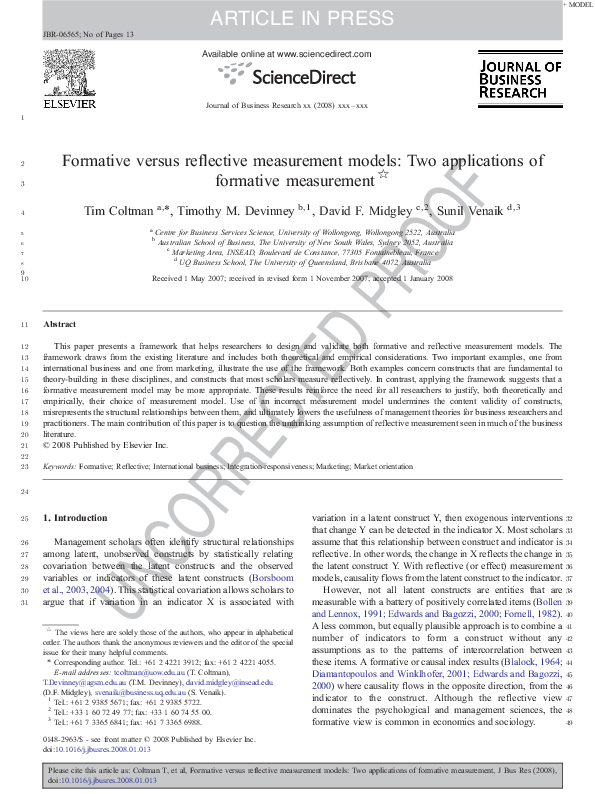 (PDF) Formative versus reflective measurement models: Two applications of