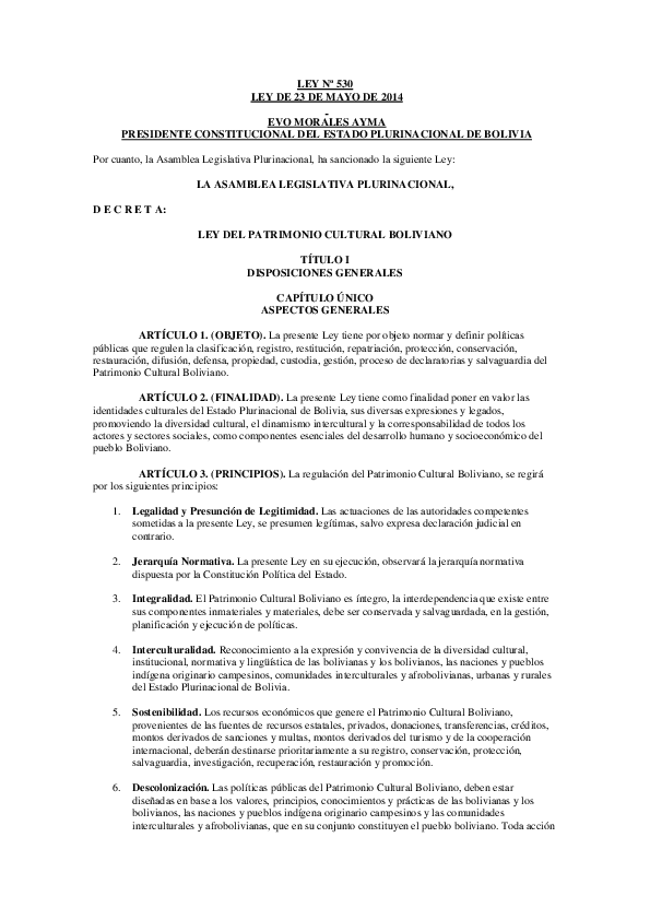 (PDF) Patrimonio Cultural de Bolivia. LEY Nº 530 LEY DE 23 DE MAYO DE 2014. EVO MORALES AYMA ...