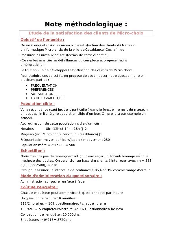 (DOC) Note méthodologique : Etude de la satisfaction des clients de ...