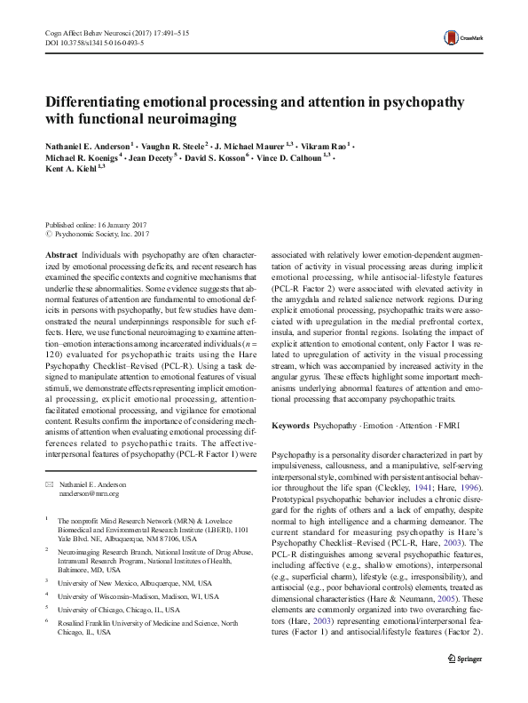 (PDF) Differentiating emotional processing and attention in psychopathy ...