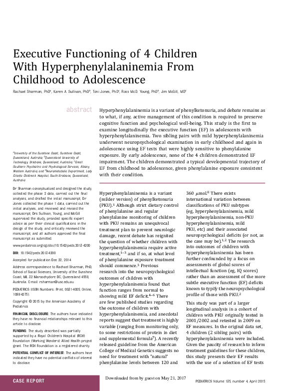 (PDF) Executive functioning of 4 children with hyperphenylalaninemia ...