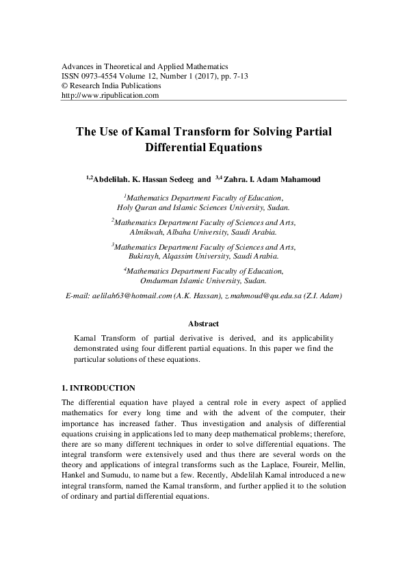 Pdf The Use Of Kamal Transform For Solving Partial Differential Equations