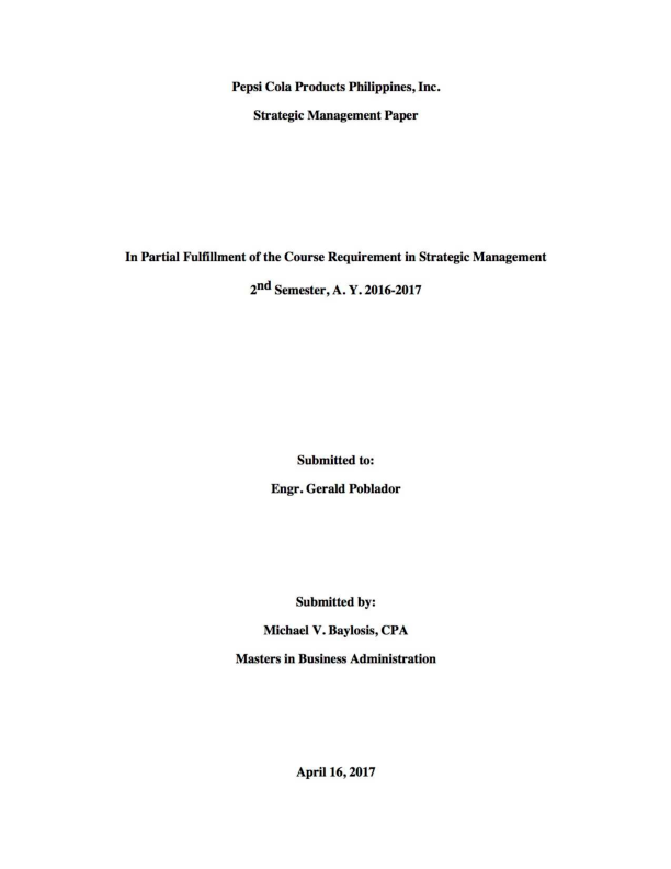 (PDF) Strategic Management Paper: Pepsi-Cola Products Philippines, Inc.