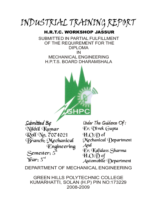 (PDF) Industrial Training Project Report on H.R.T.C Workshop Jassur [By Nikhil Kumar 7074021ME ]