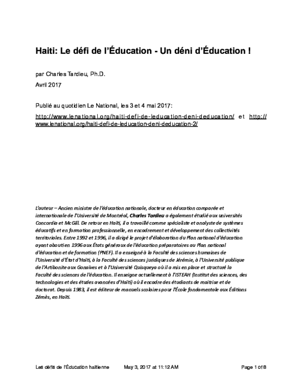 (PDF) Haiti: Le défi de l'Éducation -Un déni d'Éducation