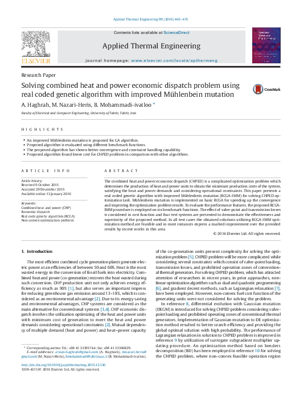 Pdf Solving Combined Heat And Power Economic Dispatch Problem Using Real Coded Genetic
