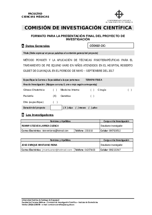 (DOC) FORMATO PARA LA PRESENTACIÓN FINAL DEL PROYECTO DE INVESTIGACIÓN A Datos Generales