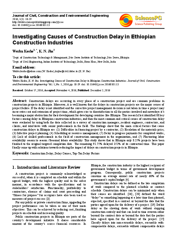 (PDF) Investigating Causes of Construction Delay in Ethiopian Construction Industries