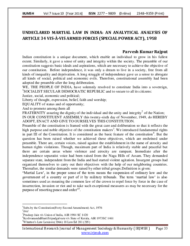 (PDF) UNDECLARED MARTIAL LAW IN INDIA: AN ANALYTICAL ANALYSIS OF ...