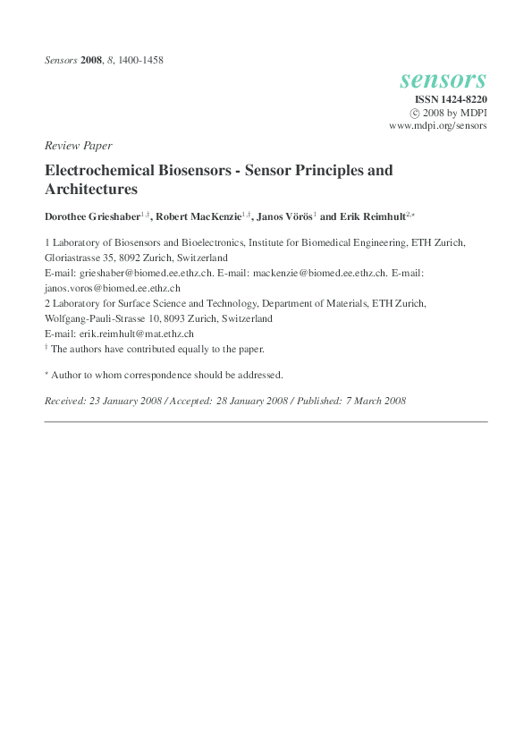 (PDF) Electrochemical Biosensors - Sensor Principles and Architectures