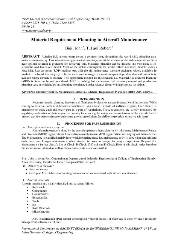 (PDF) Material Requirement Planning in Aircraft Maintenance
