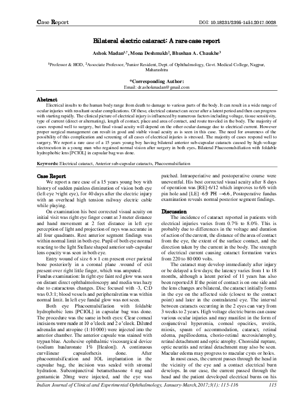 (PDF) Bilateral electric cataract: A rare case report