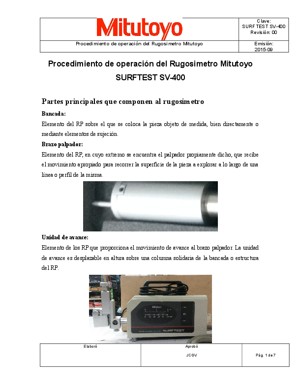 (DOC) Procedimiento de operación del Rugosimetro Mitutoyo SURFTEST SV ...