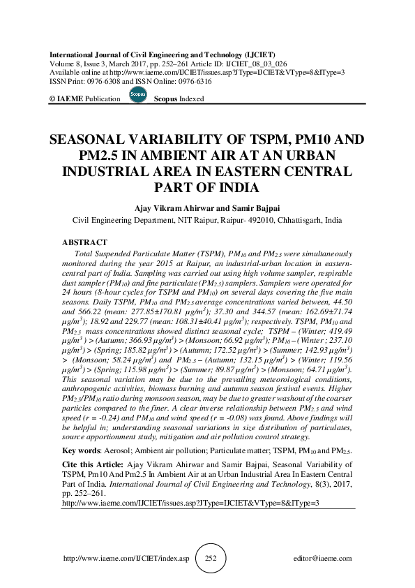 Pdf Seasonal Variability Of Tspm Pm10 And Pm2 5 In Ambient Air At An Urban Industrial Area In