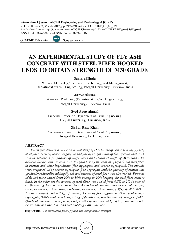 (PDF) AN EXPERIMENTAL STUDY OF FLY ASH CONCRETE WITH STEEL FIBER HOOKED ...