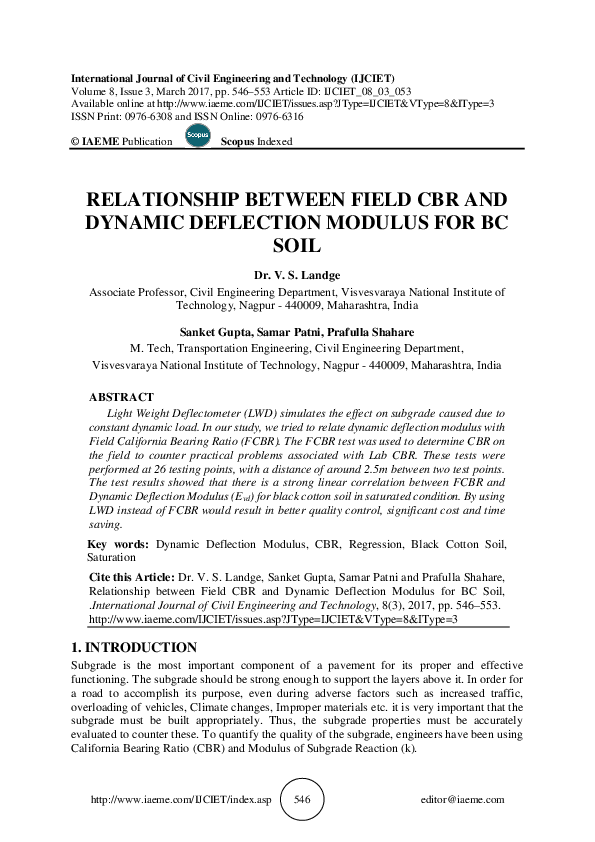 (PDF) RELATIONSHIP BETWEEN FIELD CBR AND DYNAMIC DEFLECTION MODULUS FOR ...