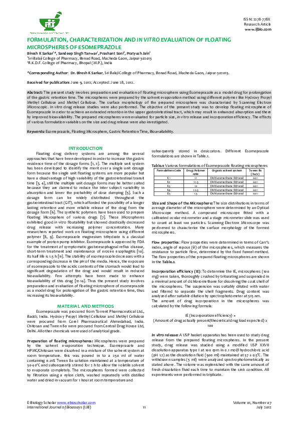 Pdf Formulation Characterization And In Vitro Evaluation Of Floating Microspheres Of