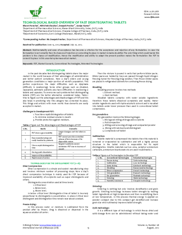 Pdf Technological Based Overview Of Fast Disintegrating Tablets