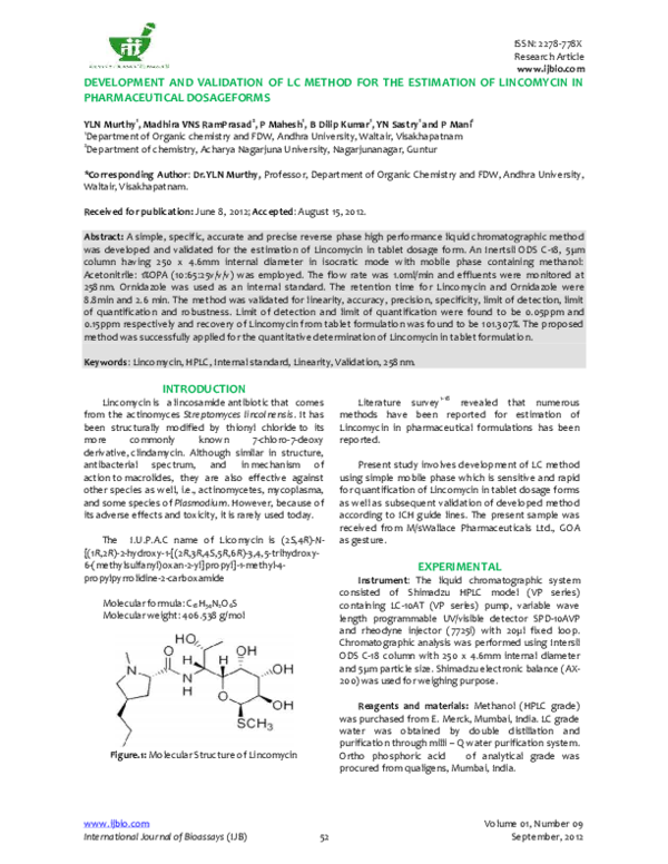 (PDF) Development and validation of lC method for the estimation of lincomycin in pharmaceutical ...