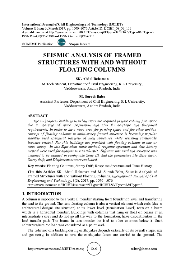 Pdf Seismic Analysis Of Framed Structures With And Without Floating Columns
