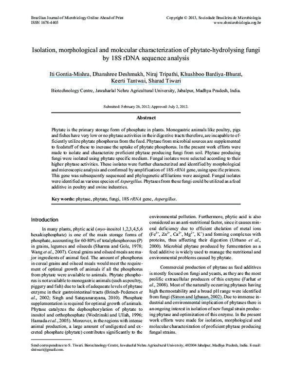 (PDF) Isolation, morphological and molecular characterization of phytate-hydrolysing fungi by ...