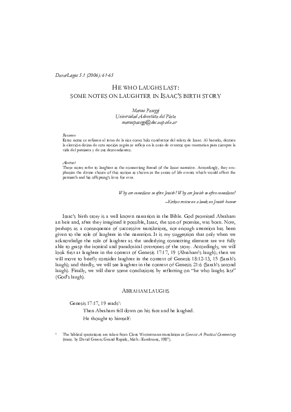 (PDF) HE WHO LAUGHS LAST: SOME NOTES ON LAUGHTER IN ISAAC'S BIRTH STORY