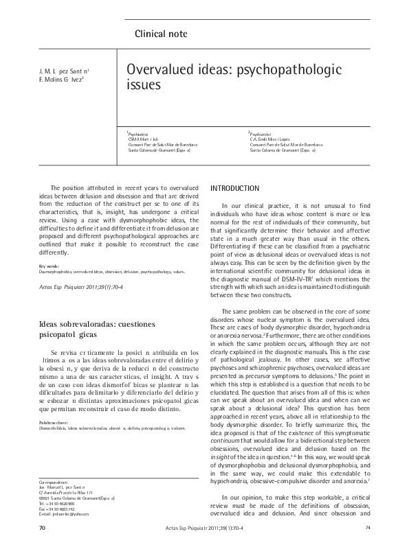 (PDF) Overvalued ideas: Psychopathologic issues