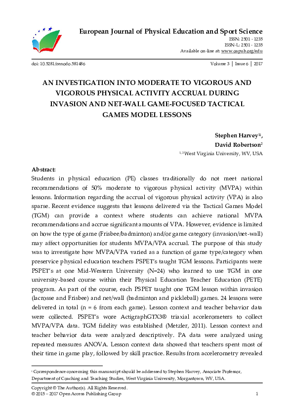 (PDF) AN INVESTIGATION INTO MODERATE TO VIGOROUS AND VIGOROUS PHYSICAL ACTIVITY ACCRUAL DURING ...