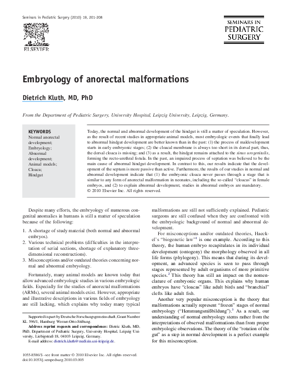 (PDF) Embryology of anorectal malformations