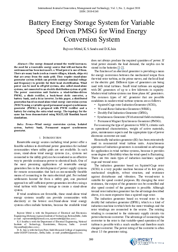 Pdf Battery Energy Storage System For Variable Speed Driven Pmsg For Wind Energy Conversion System