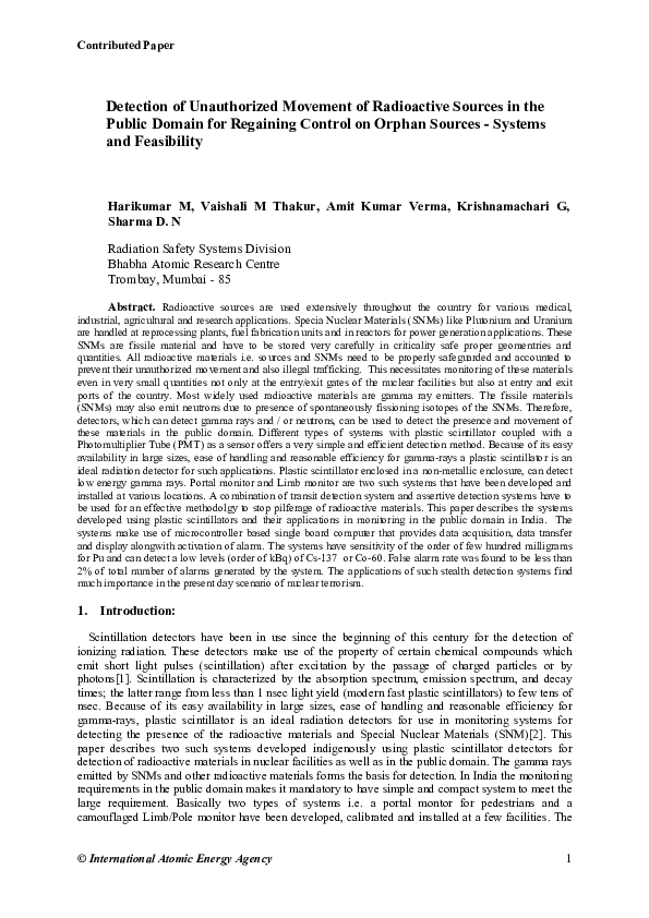 (PDF) Detection of Unauthorized Movement of Radioactive Sources in the ...