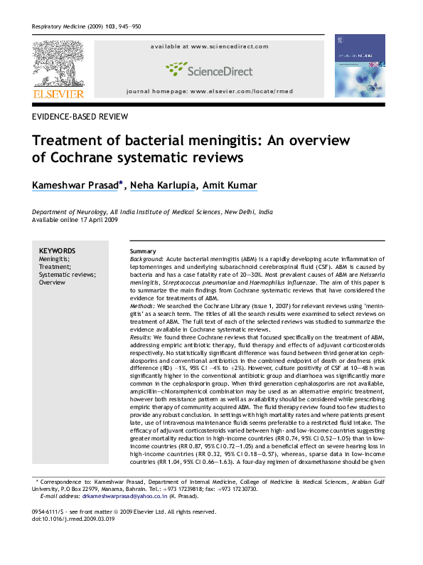 (PDF) Treatment of bacterial meningitis: An overview of Cochrane ...