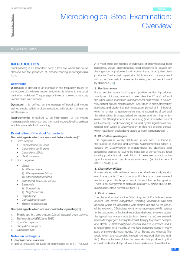 (PDF) Microbiological Stool Examination: Overview