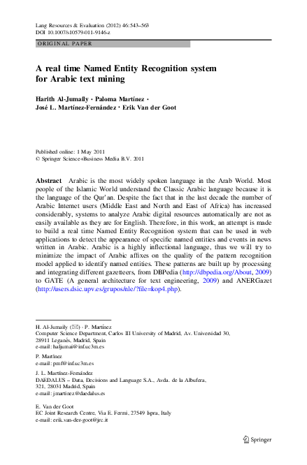 (PDF) A real time Named Entity Recognition system for Arabic text mining