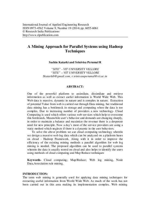 Pdf A Mining Approach For Parallel Systems Using Hadoop Techniques 7844